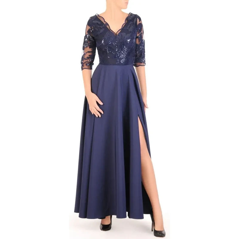 MODBIS Granatowa suknia maxi, wieczorowa kreacja zdobiona cekinami ...