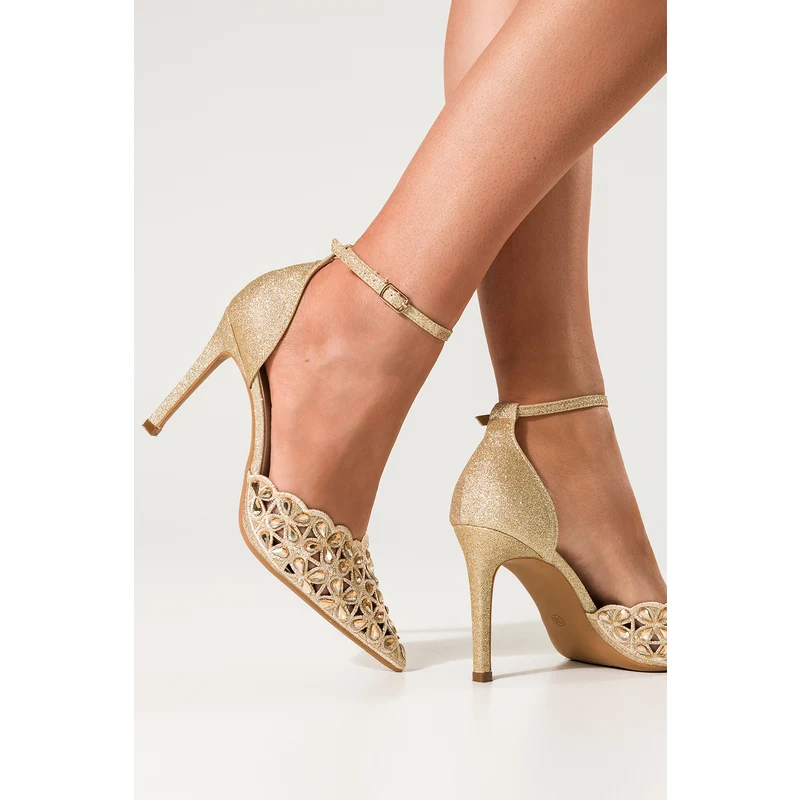 Złote czółenka damskie brokatowe ażurowe z zakrytą piętą pasek wokół ...